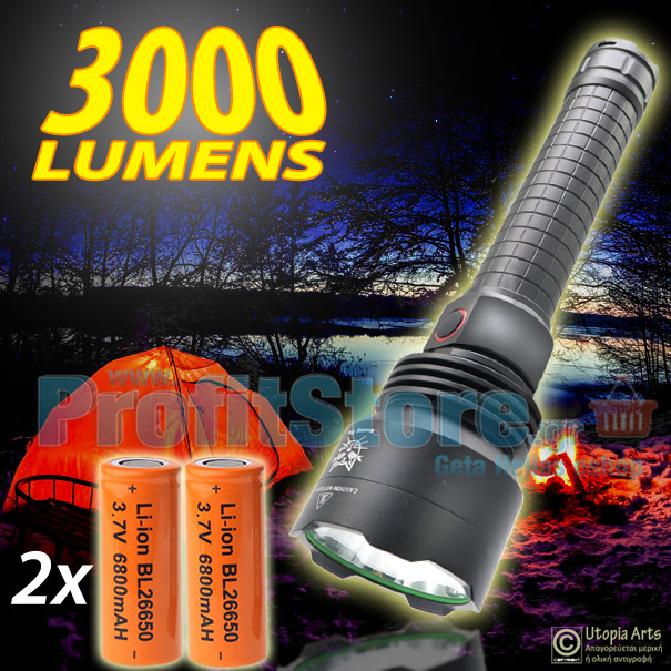 Επαναφορτιζόμενος Φακός 3000 Lumens Υπέρ - Υψηλής Φωτεινότητας CREE LED ...