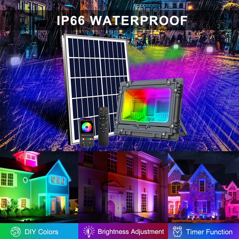 Αδιάβροχος Bluetooth RGB Ηλιακός Προβολέας 300W με App Κινητού 72 LED ...