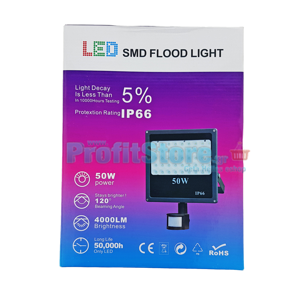 Ultra Slim Προβολέας SMD LED 50w με Ανιχνευτή Κίνησης Λευκό 6000K ...